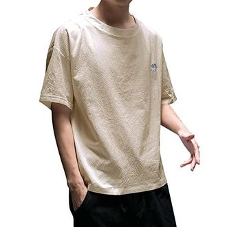 Generic Chemise en lin &agrave; manches courtes pour homme - En coton l&eacute;ger - Polo pour homme - Coupe ajust&eacute;e - Blanc - Pull &agrave; col rond - Polo coupe ajust&eacute;e, beige, 