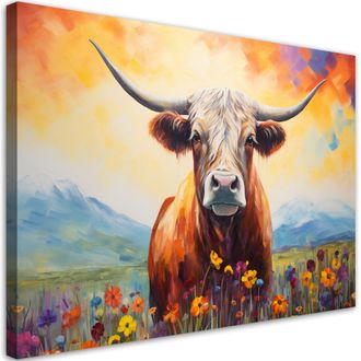 Feeby Wandbilder - Bilder Schlafzimmer - Pastell Wiese Schottische Kuh - 120x80 cm XXL 1tlg - Wohnzimmer Bild Gro&szlig; - Wohnungs - Foto Geschenk - Leinwand Wal