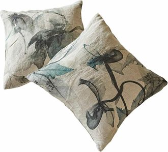 Loberon Kissenhülle 2er Set Forsyth, handgewebt, kunstvoller Aquarell-Blütenprint, edle Farbgebung, Kissenbezug, Wohntextilien, Wohn-Accessoires, Leinen, grün