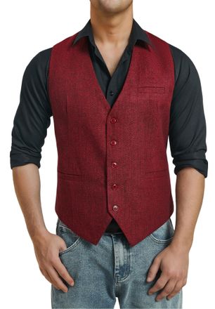 Hisdern Weste Herren Tweed Anzugweste f&uuml;r Herren Vintage Anzug Weste Rot Fischgr&auml;tmuster Wolle Herrenwesten Burgundy XS