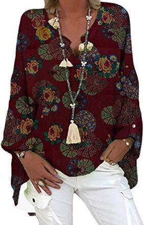 Onsoyours Chemisier Femme Col V Blouse Élégant Haut Manches Longues Impression Géométrique Tunique Ample Fluide Chic Casual Vintage T-Shirt A Vin Rouge XXL