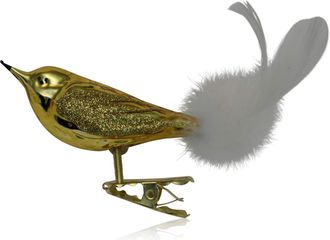 Lauschaer Glas Christbaumschmuck Vogel mit Federschwanz Gold Glanz Christbaumschmuck Weihnachtsbaumschmuck mundgeblasen, handdekoriert