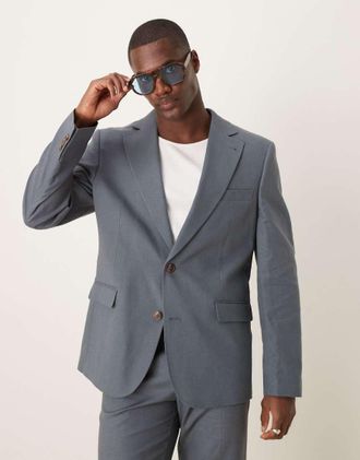 Asos Schmal geschnittene Anzugjacke aus Leinenmix in Blau
