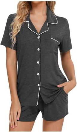 Generic Ensemble de pyjama à manches courtes pour femmes, vêtements de nuit boutonnés, short doux, ensemble de vêtements de maison 2026, gris, XXL