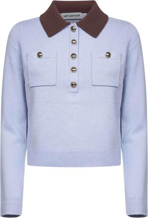 Self Portrait Femme, Tops, Bleu, Taille: 40 FR Chemise &agrave; manches longues &agrave; col polo c&ocirc;tel&eacute;