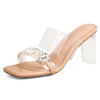 Generic Qynthra Sandales Femme Bout Carr&eacute; Luxe Bride Cristal Talon Bloc &Eacute;pais &agrave; Enfiler Mules Slides de Robe Style Fran&ccedil;ais pour Sorties d&Eacute;t&eacute; et R&eacute;ception du 