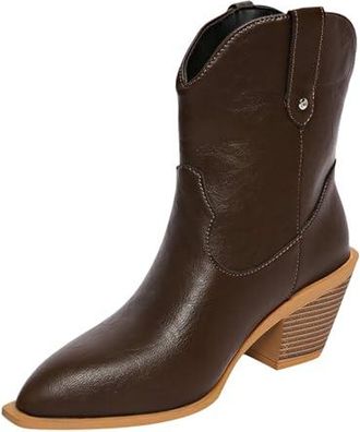 Generic Bottines Femme Bottes De Cowboy À Talon Haut Bout Pointu En Cuir Bottines De Cowboy Couleur Unie Rétro Elegant Boots Chaussures Automne Et Hiver 2025 