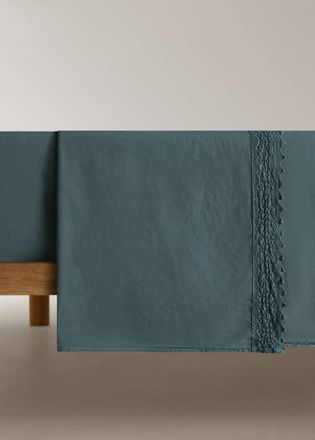 Mango Drap plat percale de coton lav&eacute; dentelle lit 180/200 cm bleu encre - Home - Lit 180/200 cm - MANGO HOME