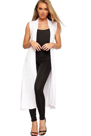 WearAll Damen &Auml;rmellos Maxi Lange L&auml;nge Boyfriend Cardigan Kragen Lange Floaty Duster Jacke Mantel Blazer Weste, wei&szlig;, 38