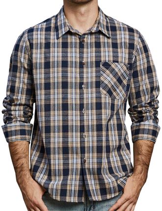 JOGAL Herren Kariertes Hemd Langarm Regular Fit Trachtenhemd Button Down Baumwolle Freizeithemd mit Tasche MarineBeige 3X-Large