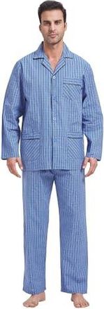 Global Ensembles de Pyjama Homme Long Vetements De Nuit 100% Coton Pantalon Manche Longue Boutonné Pjs,Bleu/Noir, Carré 2,XXL