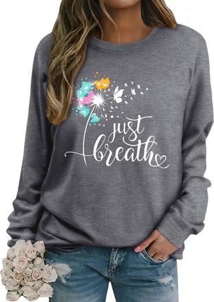 Dresswel Damen L&ouml;wenzahn Sweatshirt Langarmshirt Just Breath Pusteblume Schmetterling Drucken Pullover Herbst Winter Bluse Tops Oberteile