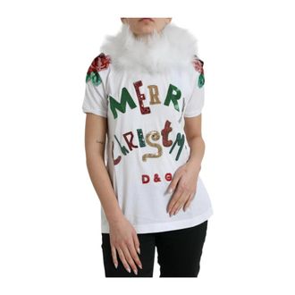 Dolce & Gabbana T-Shirt aus Baumwolle mit Fell-Pailletten - - Tops - Damen - Wei&szlig; - XL