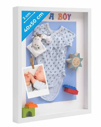 Photolini 3D Bilderrahmen zum Befüllen 40x50 Weiß groß, 3 cm tiefer Objektrahmen mit Glas, tiefer Bilderrahmen 40x50 Holz MDF mit Passepartout, Dicker 3D Rahmen