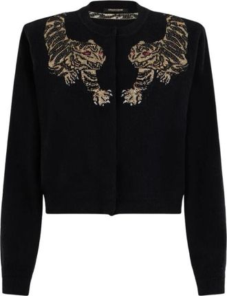 Roberto Cavalli Femme, Pulls, Noir, Taille: 36 FR Wool Cardigan with Tiger Embroidery