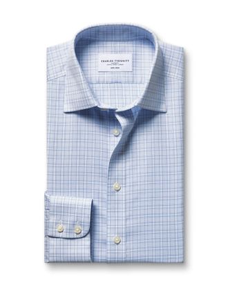 CHARLES TYRWHITT B&uuml;gelfreies Twill-Hemd mit Windowpane-Karos - Himmelblau Knopfmanschette