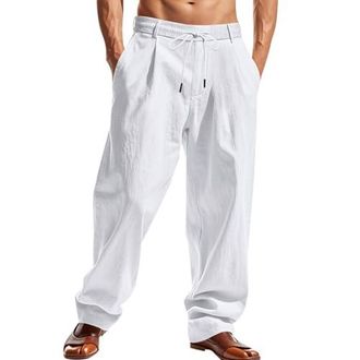 Generic Pantalon habill&eacute; en lin pour homme - Coupe ample - Taille &eacute;lastique - Pantalon d&eacute;contract&eacute; avec cordon de serrage - Pantalon de yoga ample - Jambe lar