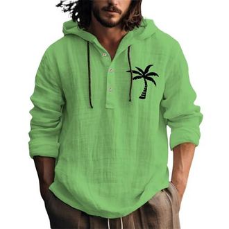 Generic Chemise en lin pour homme - Manches longues - Avec capuche - Confortable et respirante - Chemise &agrave; manches longues - Boutonni&egrave;re - Chemise d&eacute;t&eacute; surdim