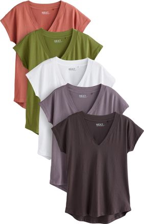 Next Damen Standard T-Shirts mit Fl&uuml;gel&auml;rmeln 100% Baumwolle, 5 STK. White/Grey/Khaki/Rust/Brown XL