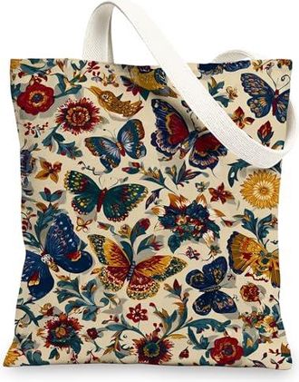 Generic Sacs fourre-tout en toile motif papillon coloré, sacs dépicerie réutilisables, sacs dépicerie vintage floraux légers et lavables pour voyage, pique-ni