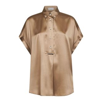 Brunello Cucinelli Femme, Blouses et Chemises, Jaune, Taille: 44 FR Chemise en satin de soie