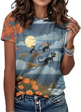 Generic T-shirts dHalloween pour femmes - T-shirt &agrave; manches courtes pour Halloween - Coupe r&eacute;guli&egrave;re - V&ecirc;tements de vacances tendance, Balai Chat, 4XL