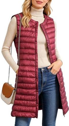 Generic Gilet matelass&eacute; long et l&eacute;ger sans manches &agrave; col rond boutonn&eacute; pour femme, rouge vin, 3XL