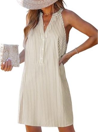Cupshe Robe dété pour femme à col en V sans manches à rayures avec boutons, mini robe décontractée, beige, L