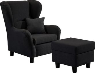 Lifestyle4Living Moderner Ohrensessel mit Hocker - Gro&szlig;e Auswahl an Stoffen und Farben - Gem&uuml;tlicher Designer-Sessel im eleganten Landhaus-Stil, Schwarz