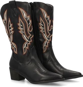 Shoes & Blues Botte Cowboy pour femme en dentelle haute avec broderies multicolores, pointe fine et talon large, idéale pour lhiver automne., Noir, 41 EU