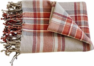 Loberon Plaid Tartan, Kuschelig Weich, Hübsche Fransen, Schotten-Muster, Tagesdecke, Kuscheldecke, Überwurf, Wolle, Nylon, rot/beige