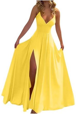 Generic Robe longue fendue pour femme - Robe de soirée dété sans manches - Col en V - Formelle modeste - Automne - Été 2025, T-44 Jaune moutarde, M
