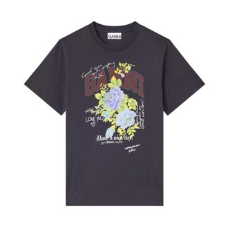 Ganni Blumiges Grafikdruck Kurzarm-T-Shirt - - Tops - Damen - Grau - XS