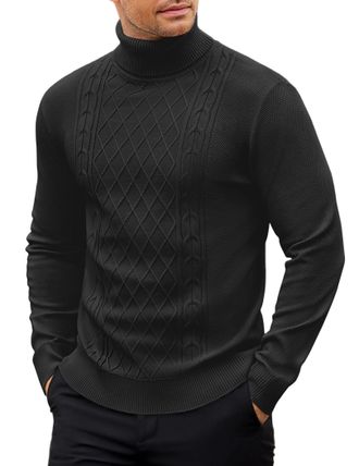 Coofandy Herren Pullover Rollkragenpullover Winter Strickpullover Zopfmuster Rollkragen Langarmshirt Turtleneck Pullover Kragen Sweatshirt Schwarz XXL