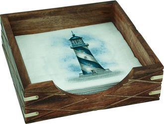 NKlaus Serviettenablage aus Mango-Holz/Messing, 19,5x19,5x5,8cm - Nautische Tischdekoration, Stilvoller Halter 15989