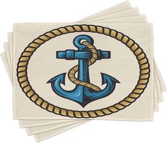 Abakuhaus Anker Platzmatten, Seemann Design mit Rundseil und Anker Antike Maritime Nautik, Tiscjdeco aus Farbfesten Stoff für das Esszimmer und Küch, Blasser Ka
