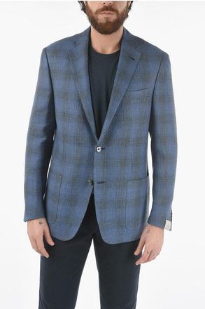 Corneliani district check virgin wool and flax side vents notch lapel G size 48