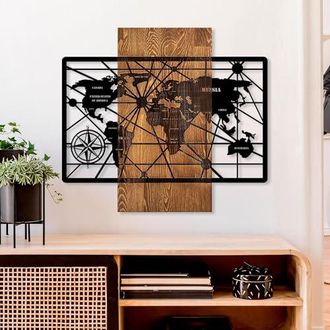 Wallity Elegant Decorative Wooden Wall Accessory, 57 x 63 cm | 100% Real Wood (3 cm) & Metal (1.5 mm) | Unique Walnut & Black Finish, Perfect for Home Decor