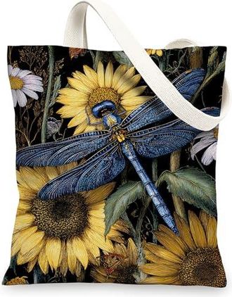 Generic Sacs fourre-tout artistiques en toile motif libellule, sacs dépicerie réutilisables, légers et lavables avec bandoulière, bleu, 13x15 Inch