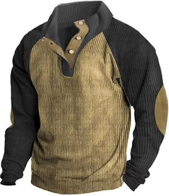 Generic Hommes Velours Côtelé pour Hommes avec Coudières boutonnée Col Montant Manches Longues Pull Décontractée Polo Printemps et Automne Grande Taille Confo