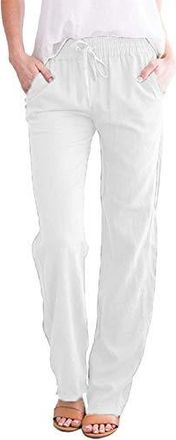 Lazutom Pantalon décontracté en coton et lin pour femme avec cordon de serrage et taille élastique - Blanc - 34