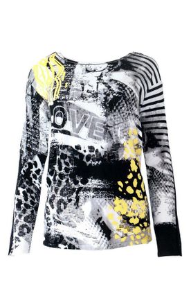 Passioni Strickpullover mit abstraktem Print Design Schulterbesatz aus schwarzen Lurex-Streifen