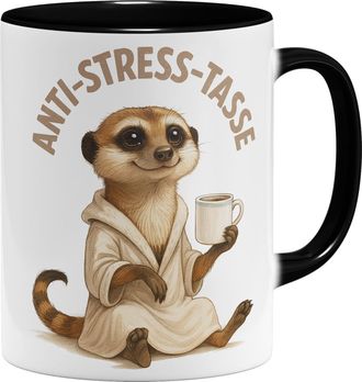 OM3 Erdm&auml;nnchen Anti-Stress Kaffee-Tasse - Lustige Meerkat Keramiktasse mit Tier-Motiv - Keramik Becher - 325ml - Beidseitig Bedruckt - Schwarz