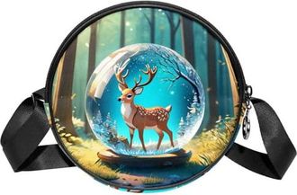 Generic Sac &agrave; bandouli&egrave;re rond rond pour femme, motif cerf, boule de cristal, petit sac &agrave; bandouli&egrave;re avec fermeture &eacute;clair, bretelles r&eacute;glables, d&eacute;contract&eacute; 