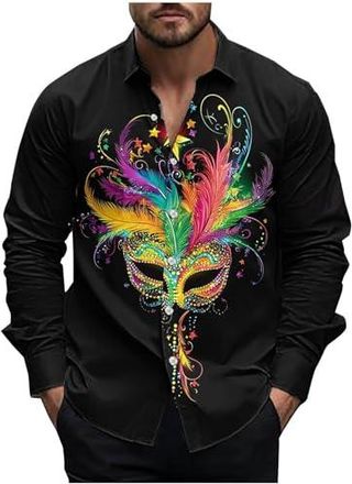 Generic Costume de carnaval pour homme - Chemise &agrave; manches longues - Chemise d&eacute;t&eacute; d&eacute;contract&eacute;e - Imprim&eacute; masque - Chemise &agrave; manches longues - Respirant - L&eacute;g&egrave;