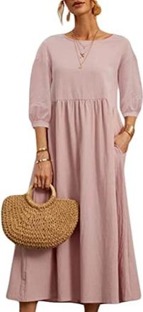 ORANDESIGNE Robe Tunique Femme Fluide Chic et Elegant Longue Droite Swing Robe Plage Bohème Ample Robe Tee Shirt avec Poche Robe Casual Décontractée Dété A Rose L