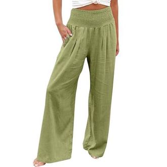 Generic L&eacute;Ger Pantalon Femme ete Ample Fluide en Lin &agrave; Jambes Larges en Lin pour Femmes d&eacute;t&eacute; d&eacute;contract&eacute; avec Cordon de Serrage &eacute;lastique Taille Haute de Vete