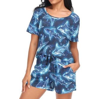 Mnsruu Sharks Neon Ocean Ensemble de pyjama à manches courtes pour femme, Multicolore 12, XXL Taille courte