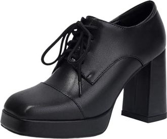 SJJH Chaussures &agrave; plateforme r&eacute;tro pour femme - Talon bloc de 9,5 cm - Chaussures &agrave; lacets avec embout carr&eacute; et plateau de 2 cm - Semelle antid&eacute;rapante pou
