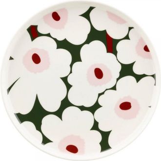 Marimekko Oiva/Unikko Plate 25 cm, White, dk, Green, lt.pink